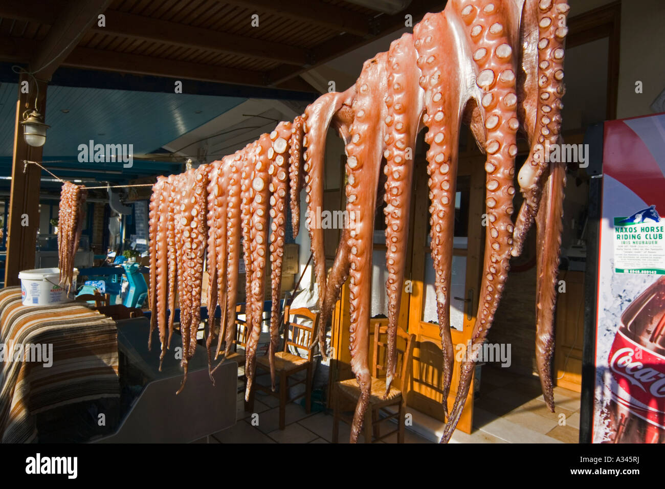 Greece greek island of Naxos Squid hanging to dry outside a restaurant ...