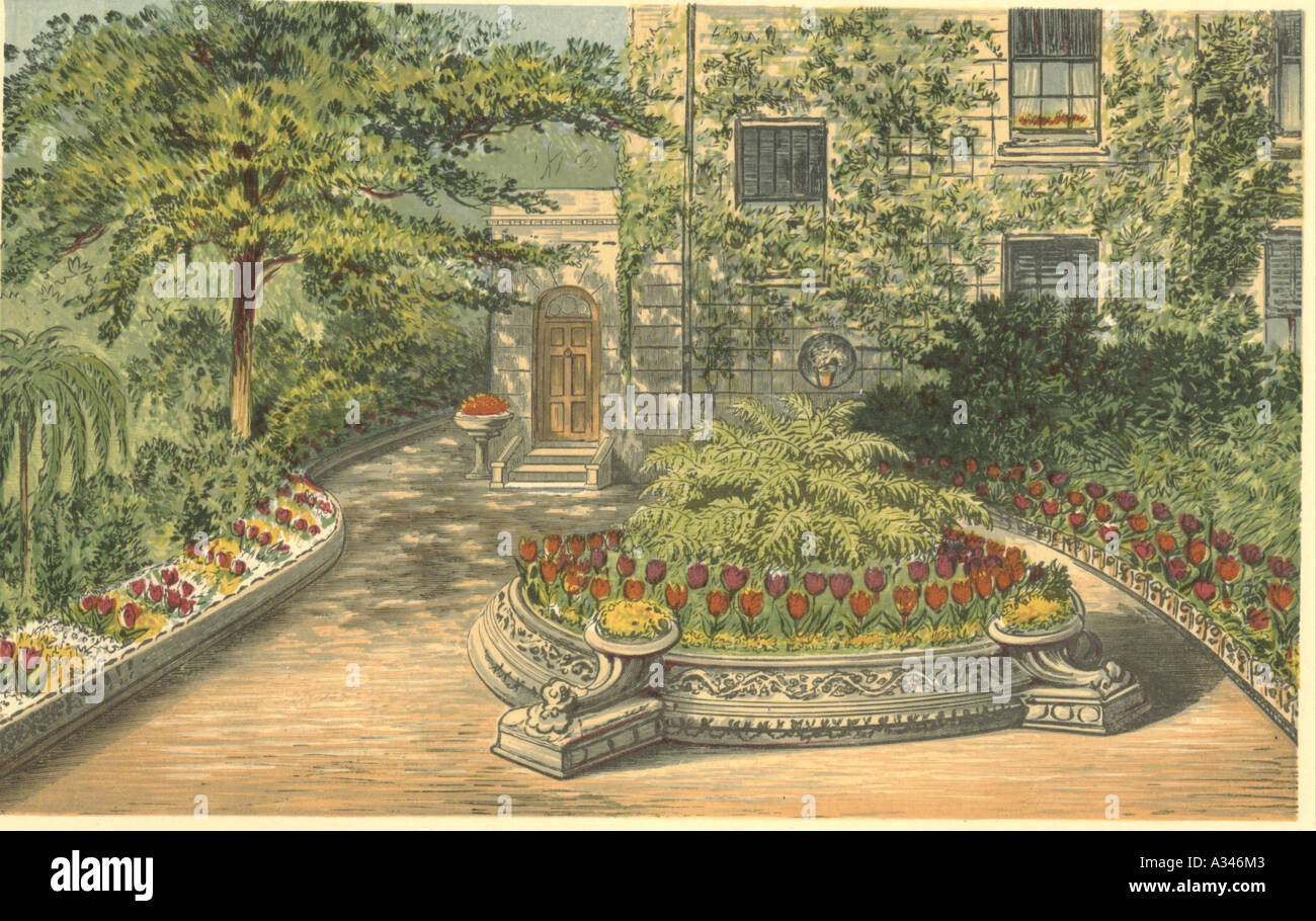 Spring bedding scheme in garden entrance court 1870 Stock Photo - Alamy