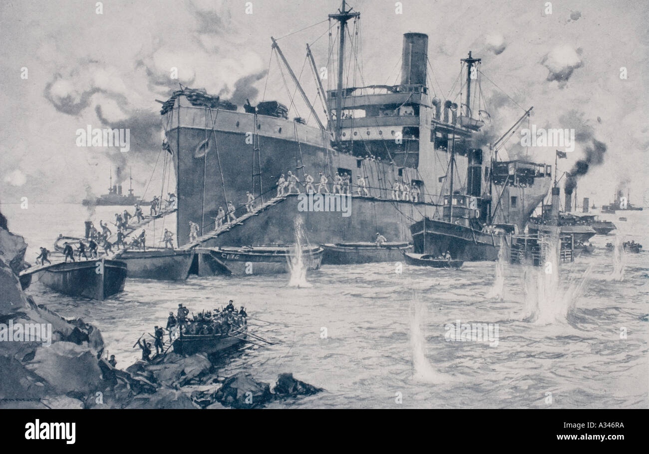 British troops landing from the 2000 ton collier River Clyde at Seddul ...