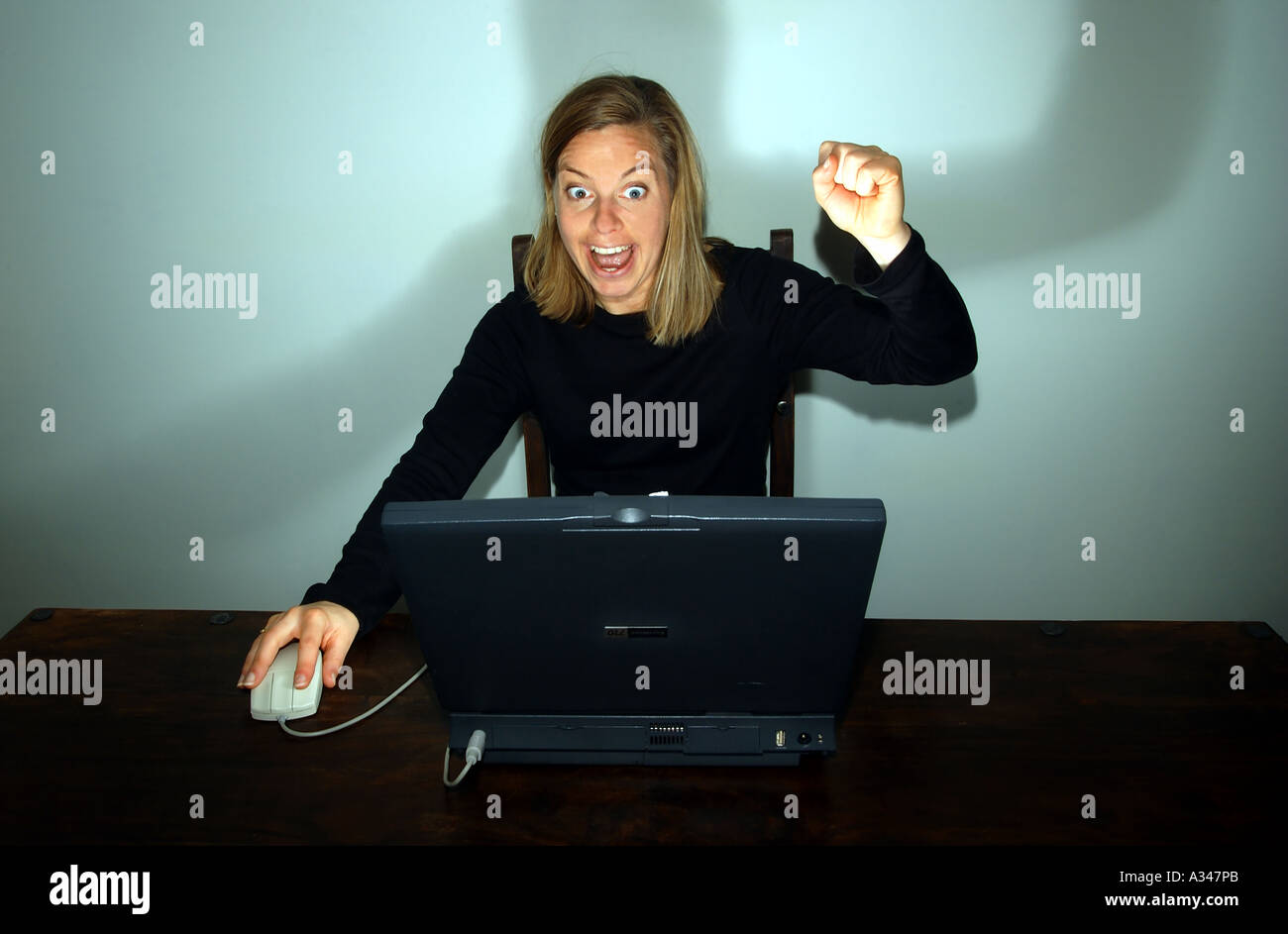 woman at laptop computer cheering with success Stock Photo - Alamy