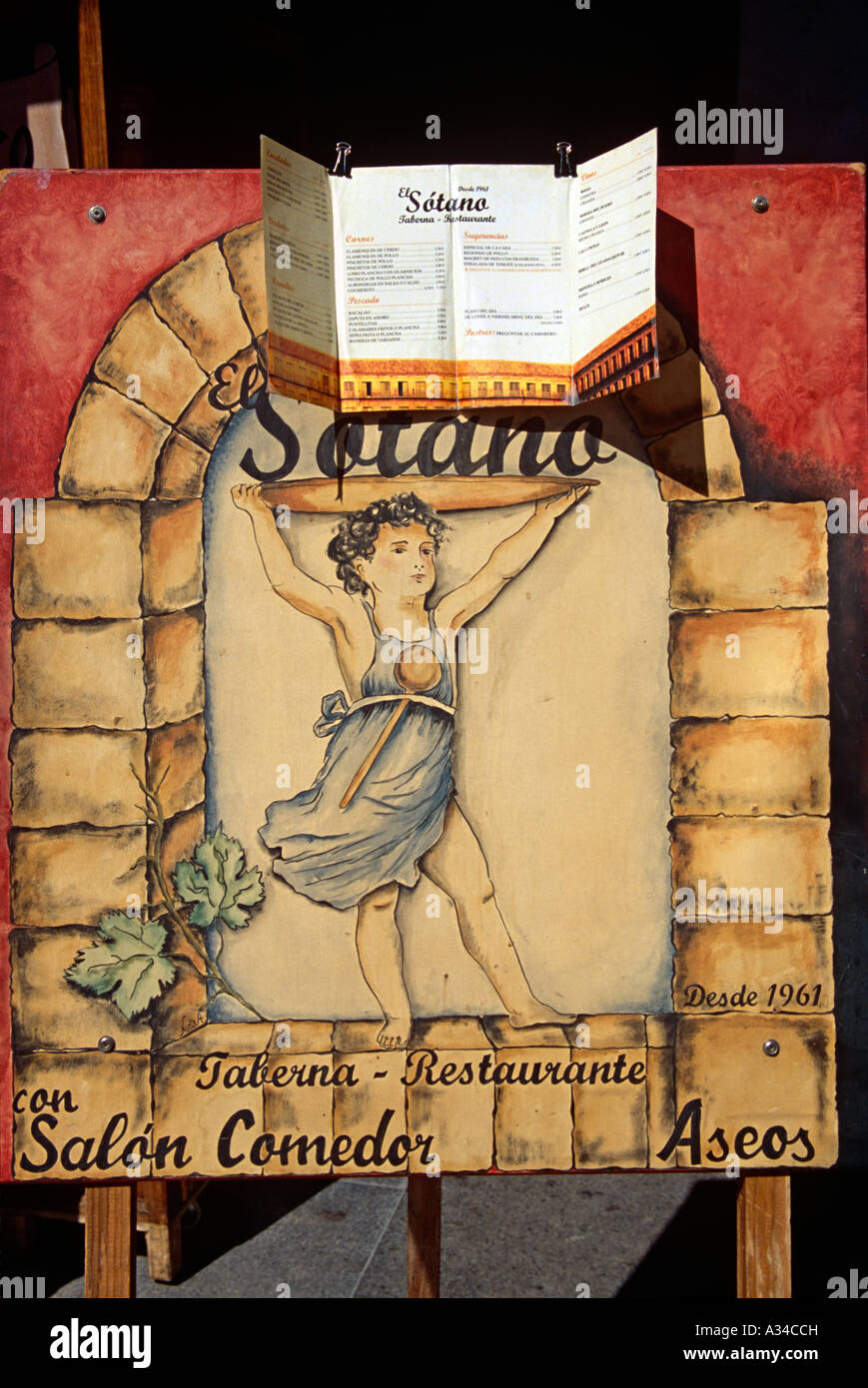 Restaurant menu outside El Sotano restaurant, Plaza de la Corredera ...