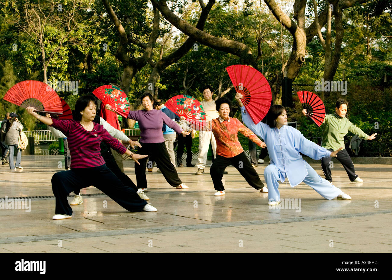 Ladies practising Tai Chi with fans early morning in the park , Hong ...