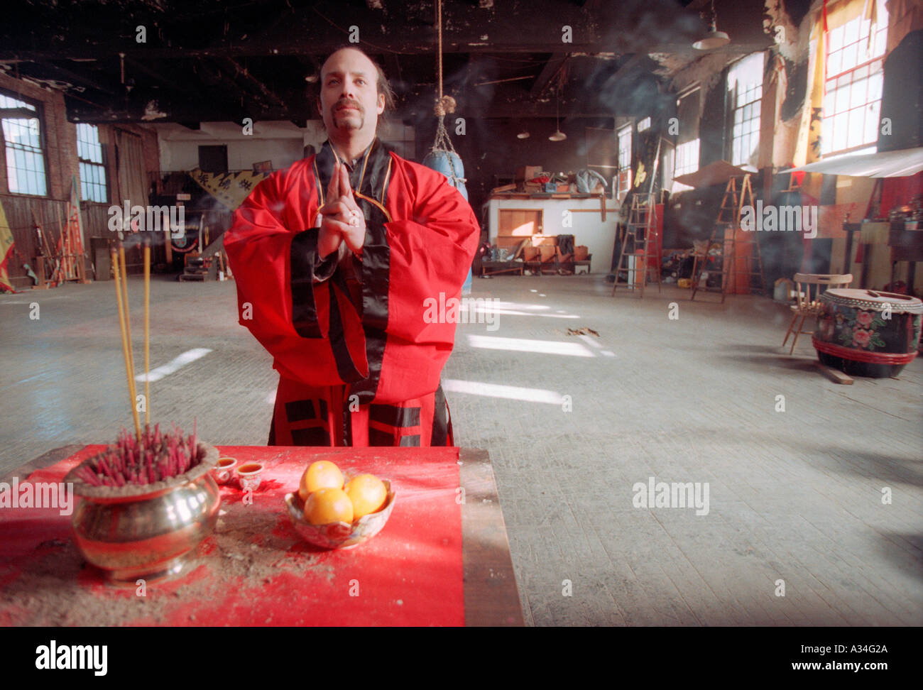 Sifu Jai a Taoist priest in the Kung Fu room of the Ma Jou Miu Taoist ...
