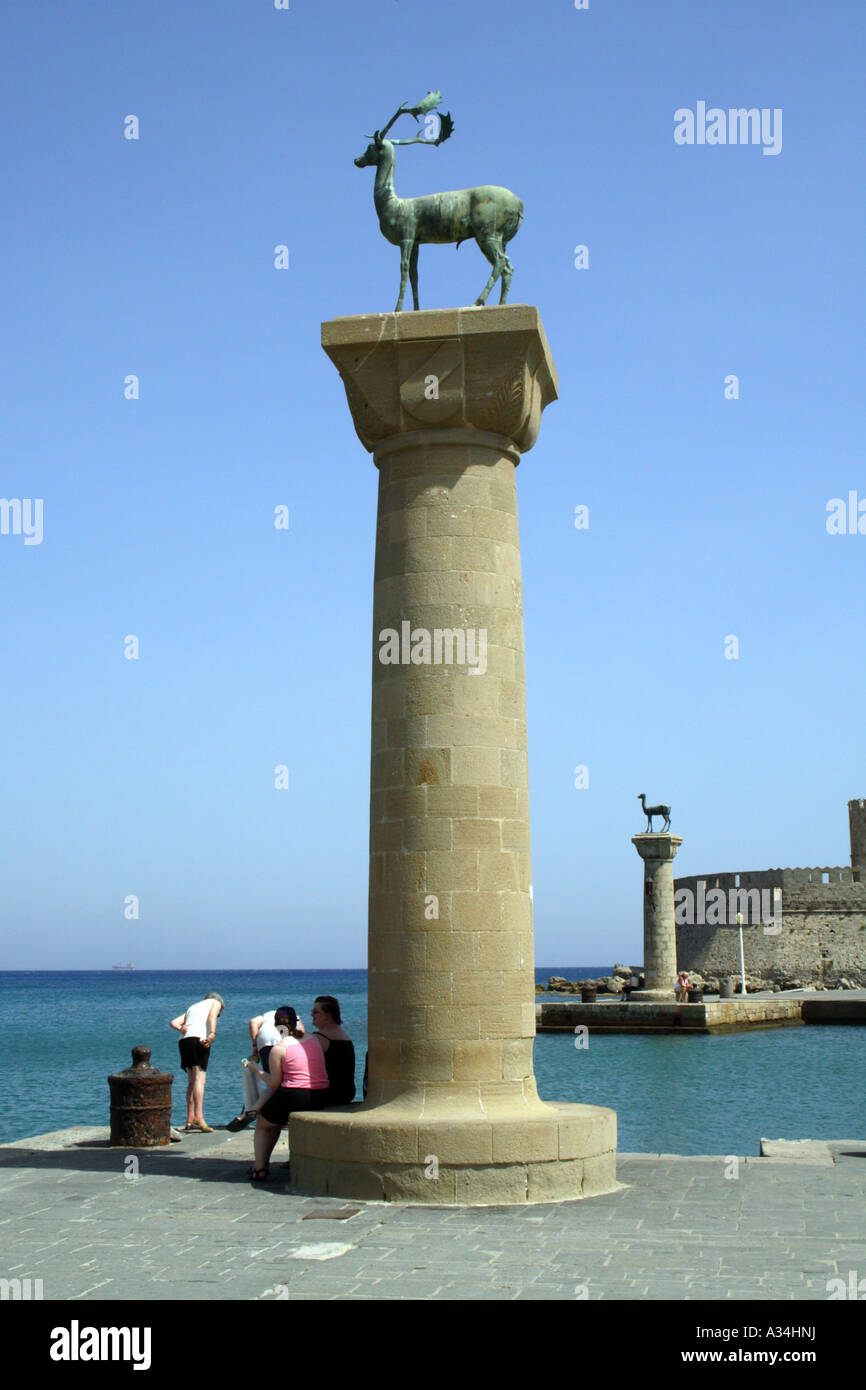 old town of Rhodes - harbour entrance with the two deer stutues (stag ...