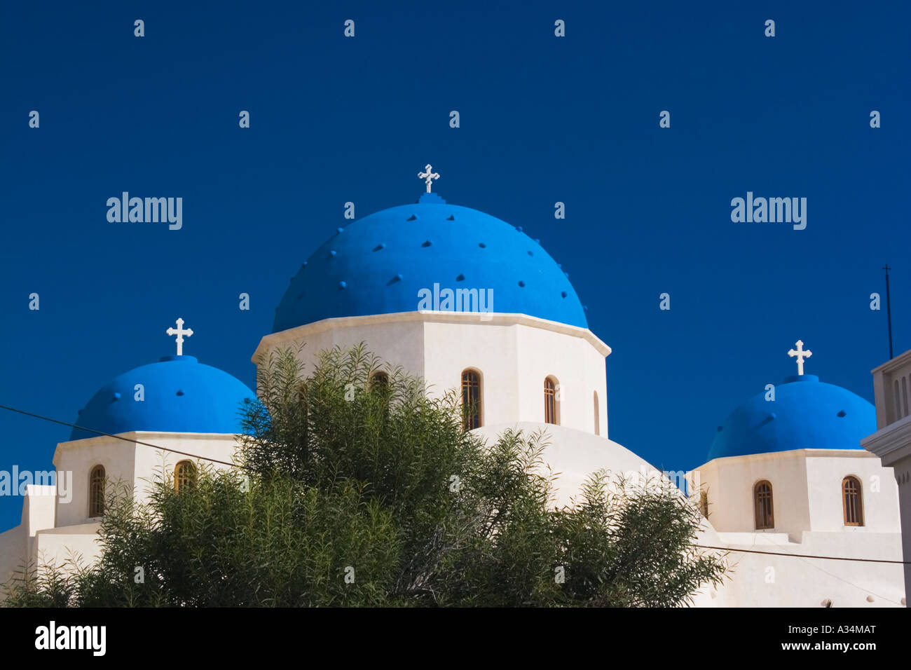 Greek Islan Santorini Thira Parisia Perissa church with blue roof Stock ...