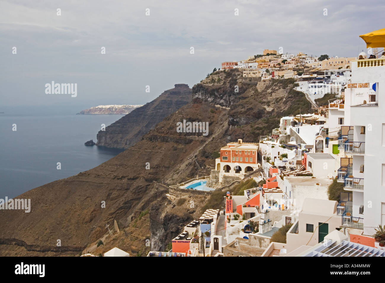 Greek Island Santorini Thira Town of Fira clinging onto side of volcano ...