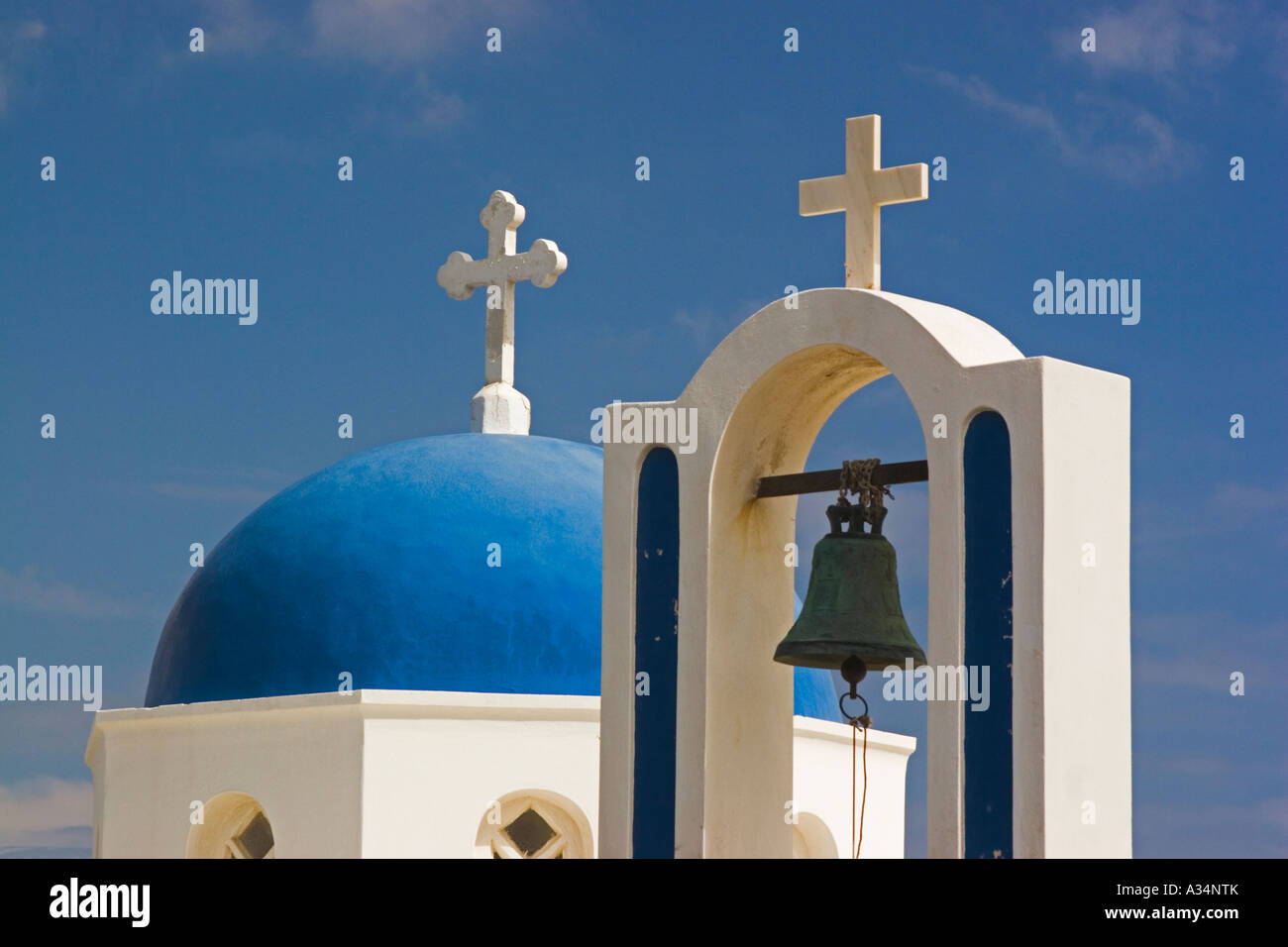 Exo Gonia Santorini Fira Church with blue dome roof and bell tower ...