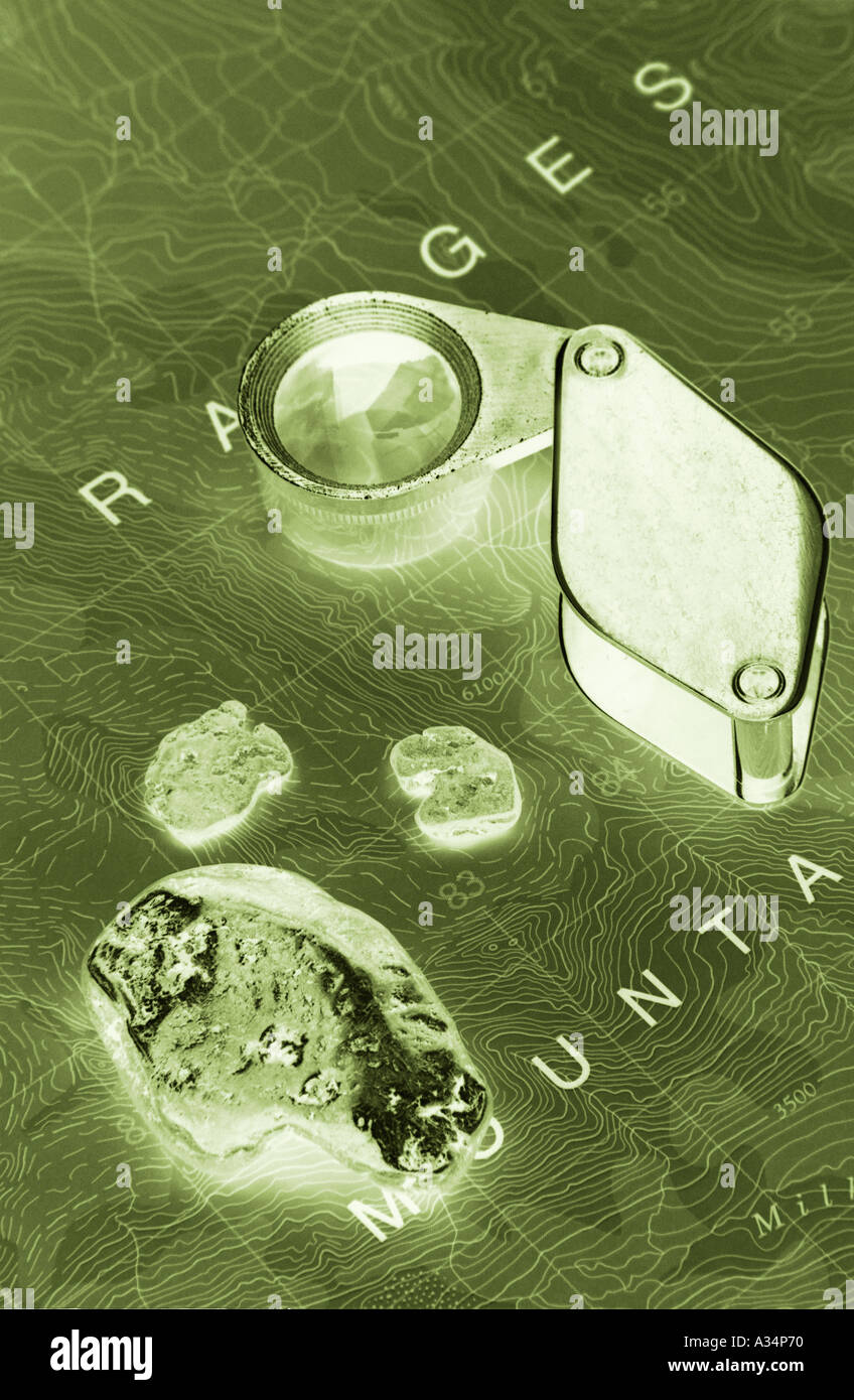 Mining concept of gold nugget map and magnifier on map Stock Photo - Alamy