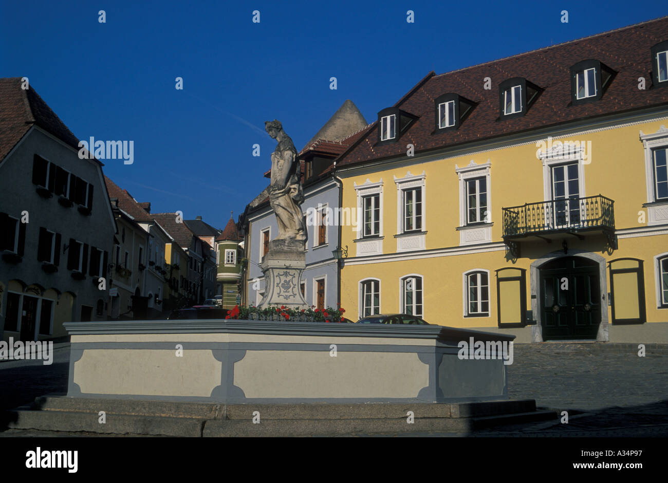 Fountain in townsquare of historic town Spitz on Danube River Wachau ...