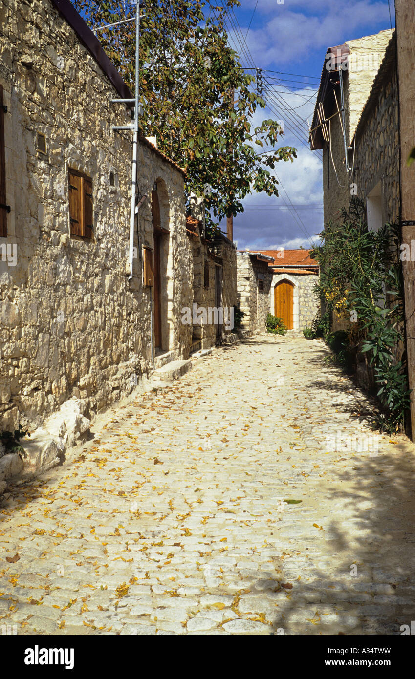 A quiet cobbled lane in the pretty village of Lofou near Troodos Cyprus ...