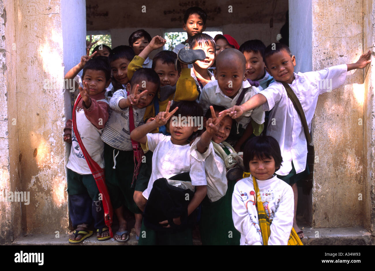 Burmese school children in Nyaung U town near Bagan Myanmar Stock Photo ...