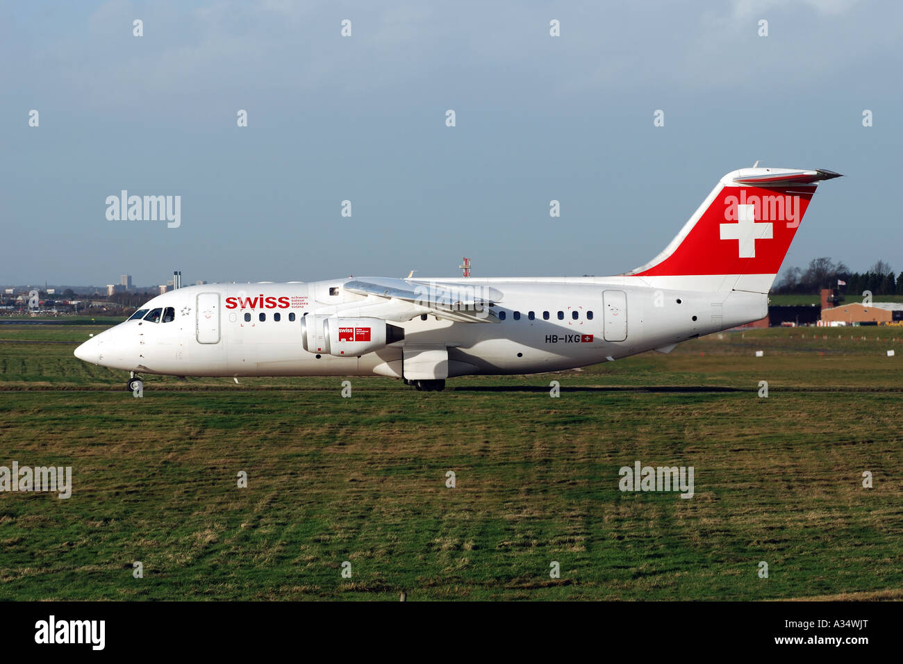 Swiss Avro RJ85 aircraft taxiing at Birmingham International Airport ...