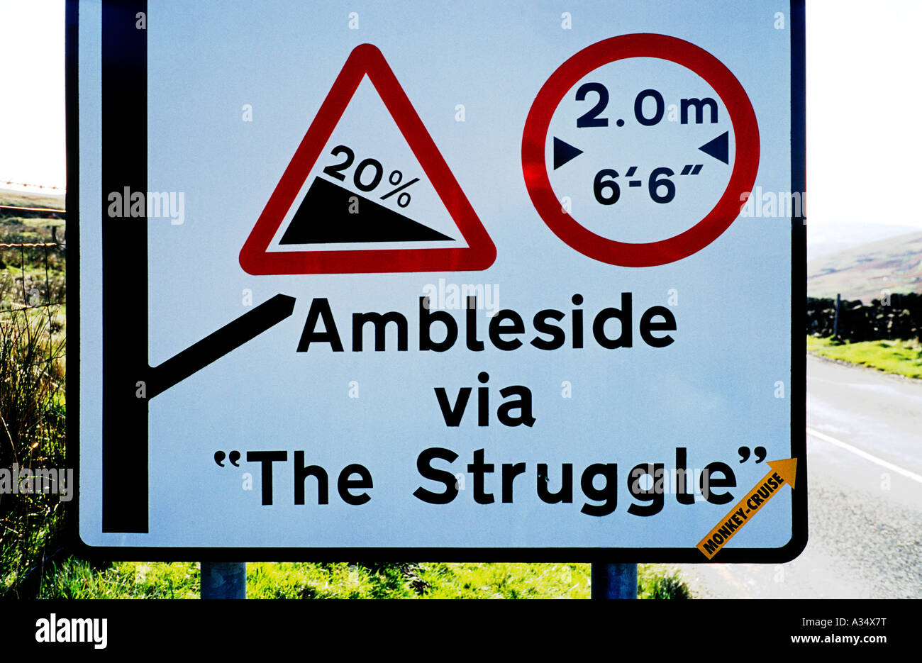 Road sign near Hardknott pass to Ambleside English Lake District ...