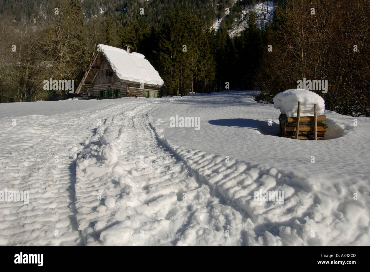 Log cabin and pile of logs buried in snow near Gosau Salzkammergut ...