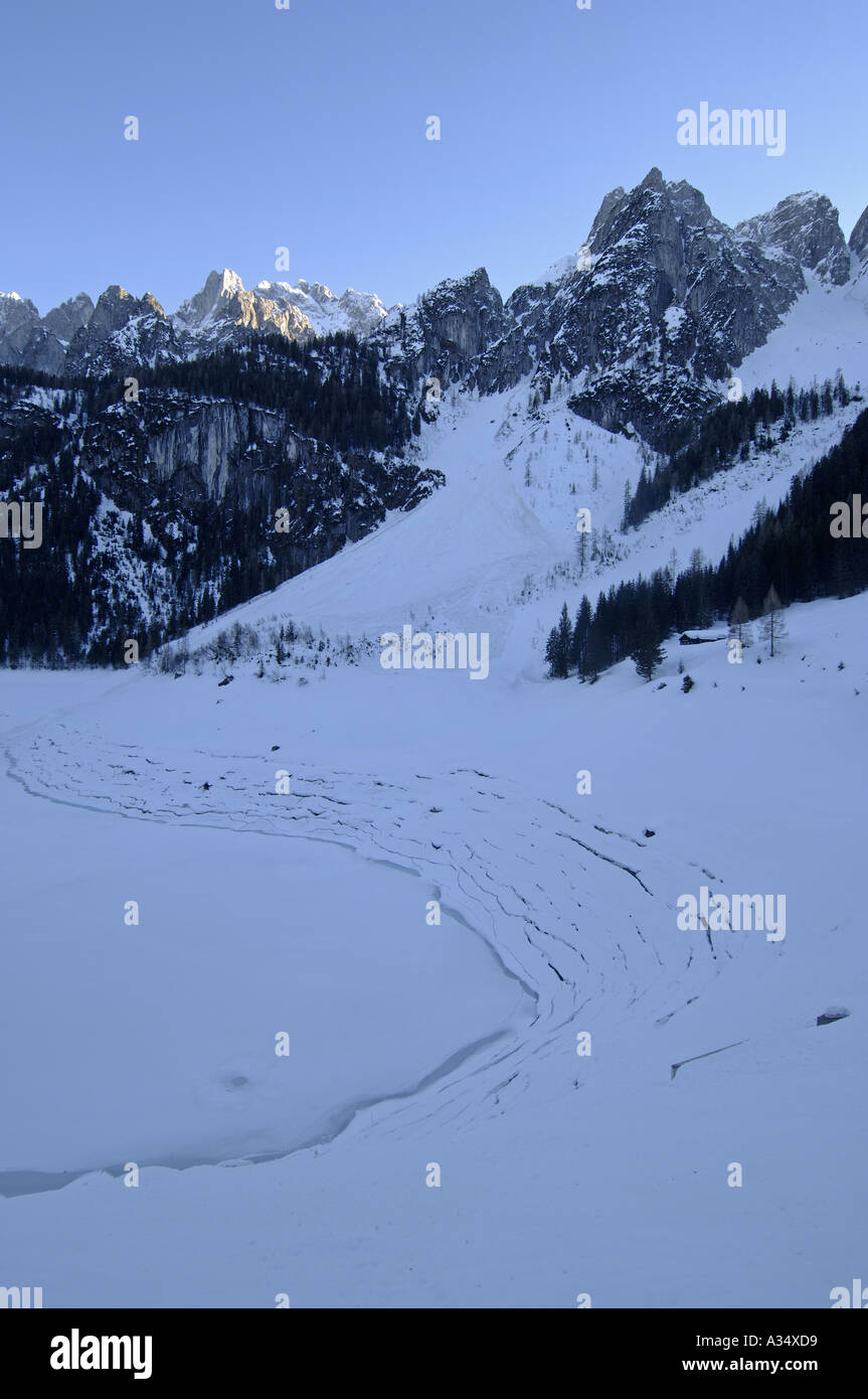 Gosausee lake frozen in winter with Dachstein mountain Salzkammergut ...