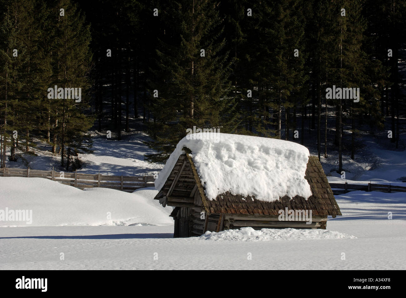 Log cabin buried in snow near Gosau Salzkammergut Austria Stock Photo ...