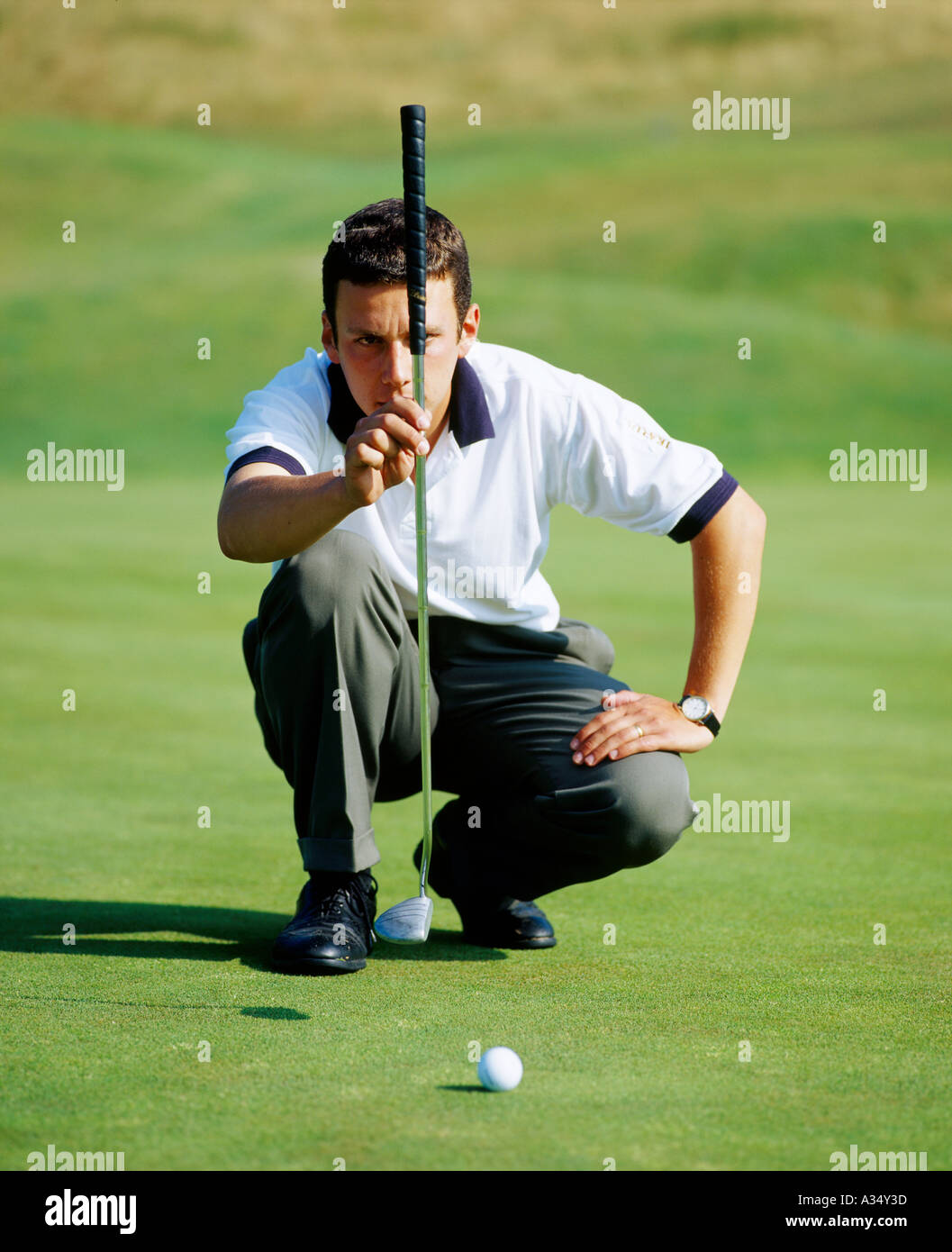 Man sizing up a golf putt with a putter Stock Photo - Alamy