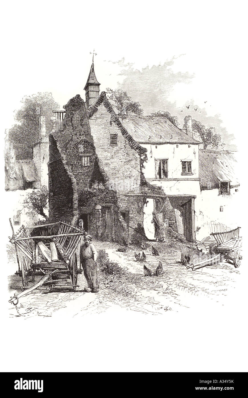 Belgium Belgian Flemish Flanders stone courtyard foul hen wagon dray ...