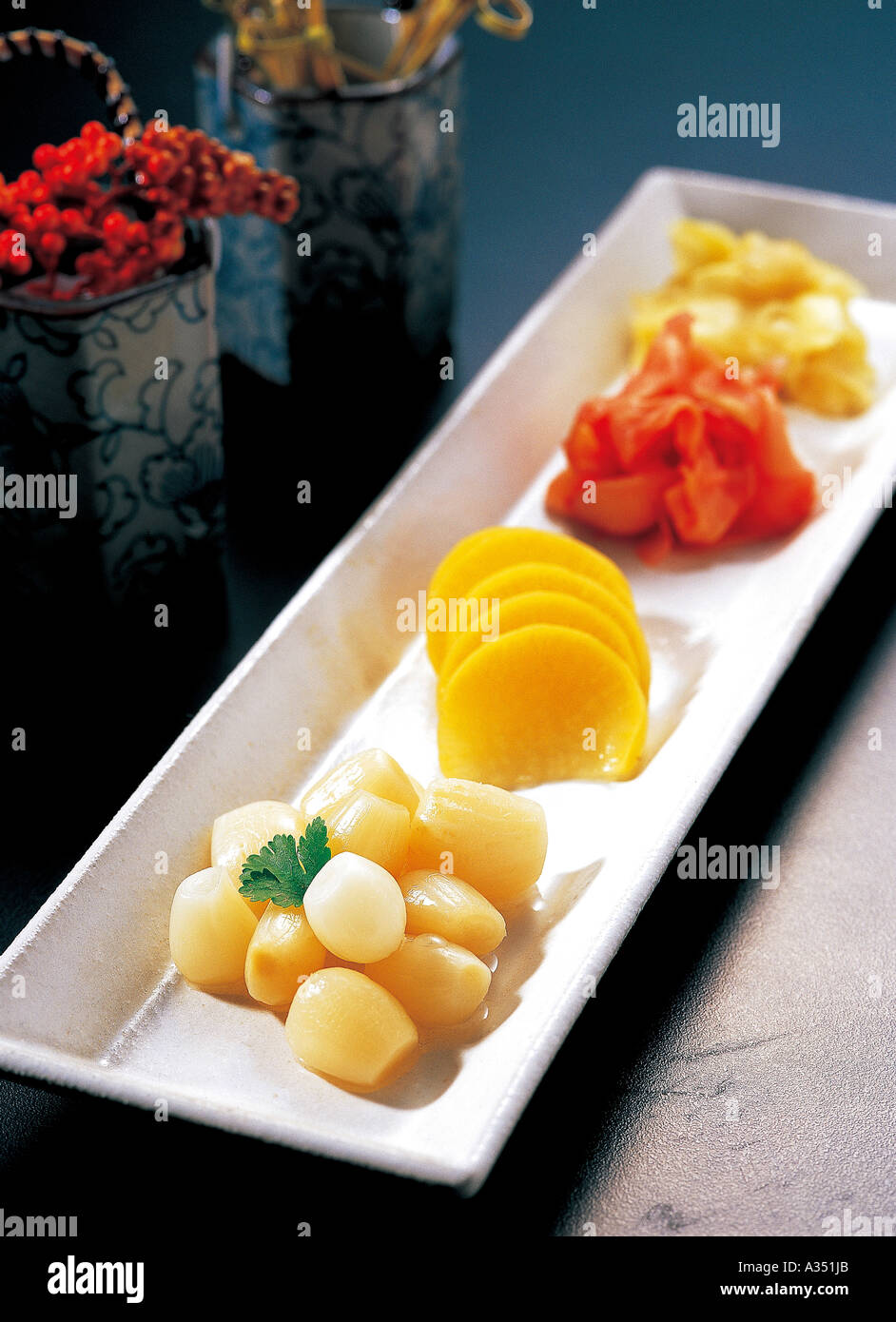 pickled radish,rakkyo,scallion,side dish,Japanese Stock Photo - Alamy