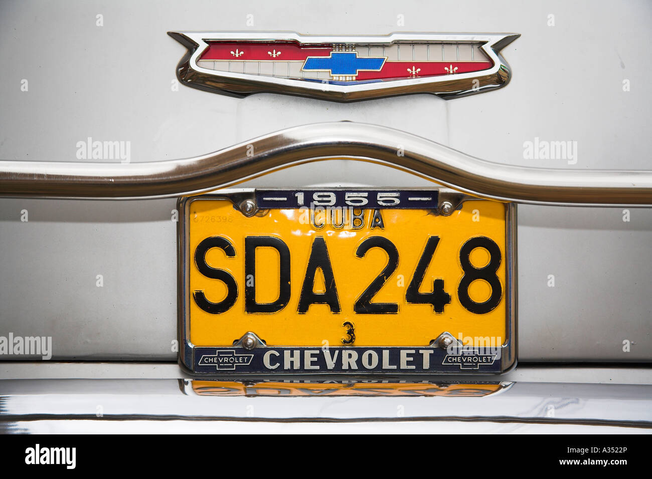 Licence plate, classic American 1955 Chevrolet car parked at the ...