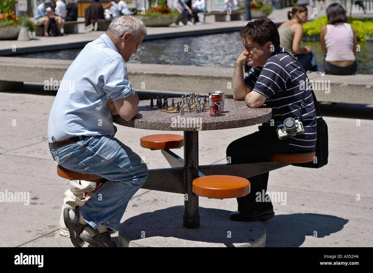 Two elderly men playing chess in a park, Toronto, Canada Stock Photo ...