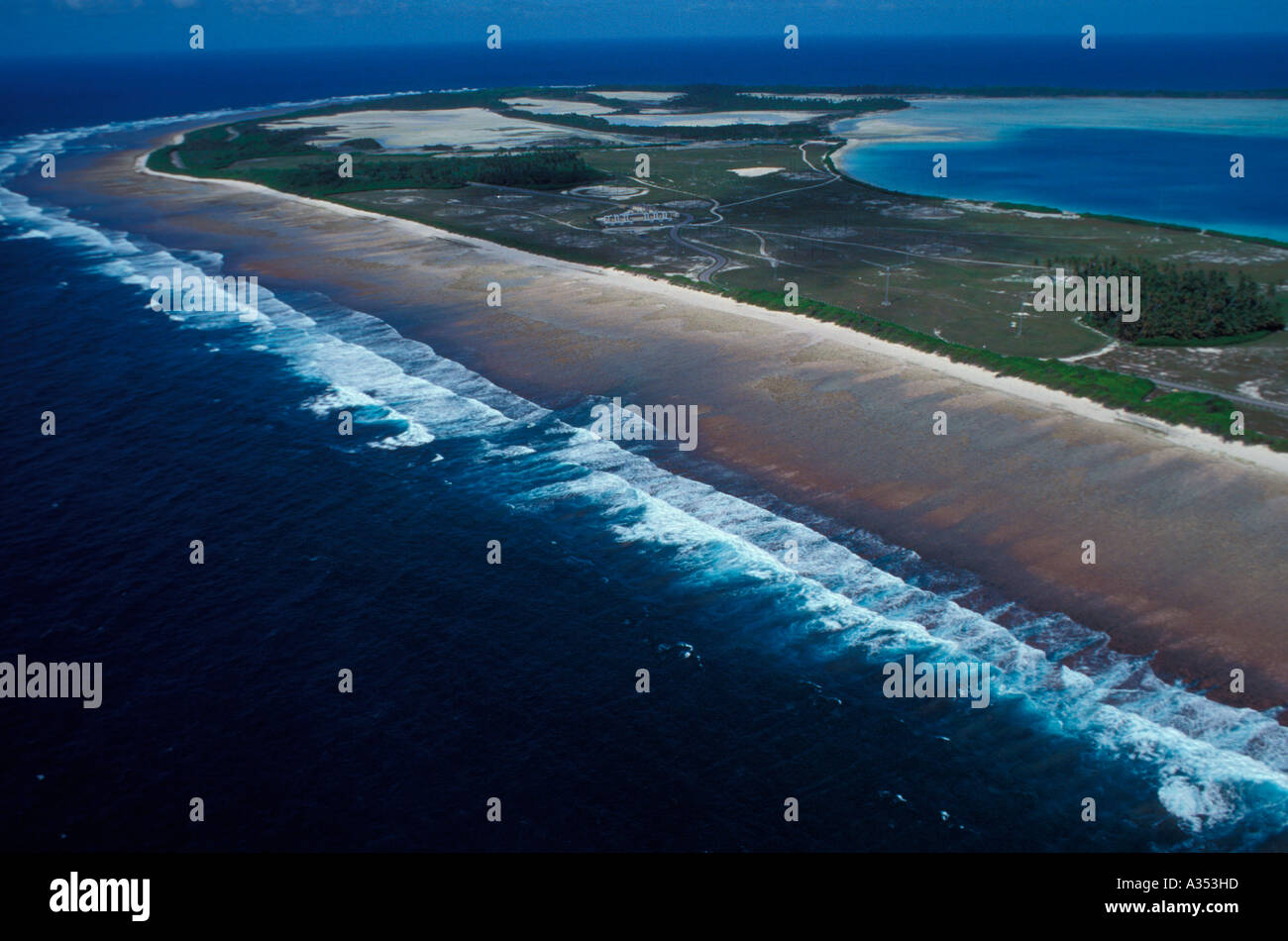 Aerial showing roads and buildings on Diego Garcia Islands in the ...