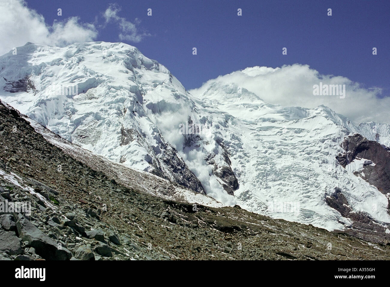 A small avalanche on Jatunmontepuneu (5421 meters) near Huaraz, Peru ...