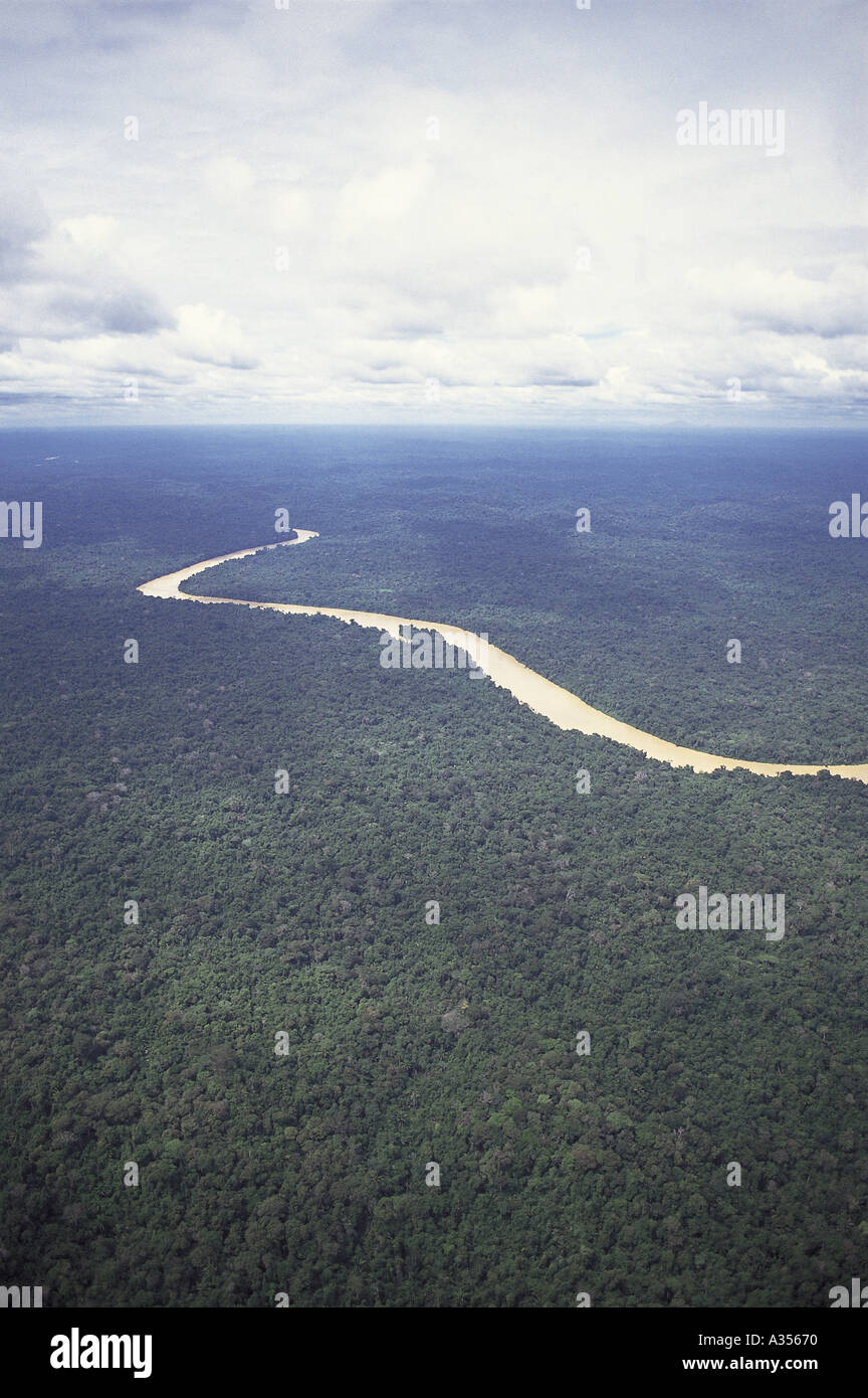 Rio Branco Brazil Aerial view of river twisting through unbroken ...