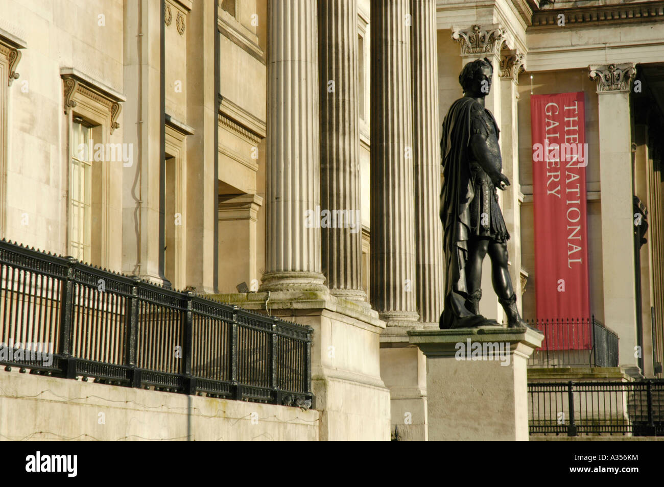 Close-up shot of the National Gallery showing columns and statue of ...