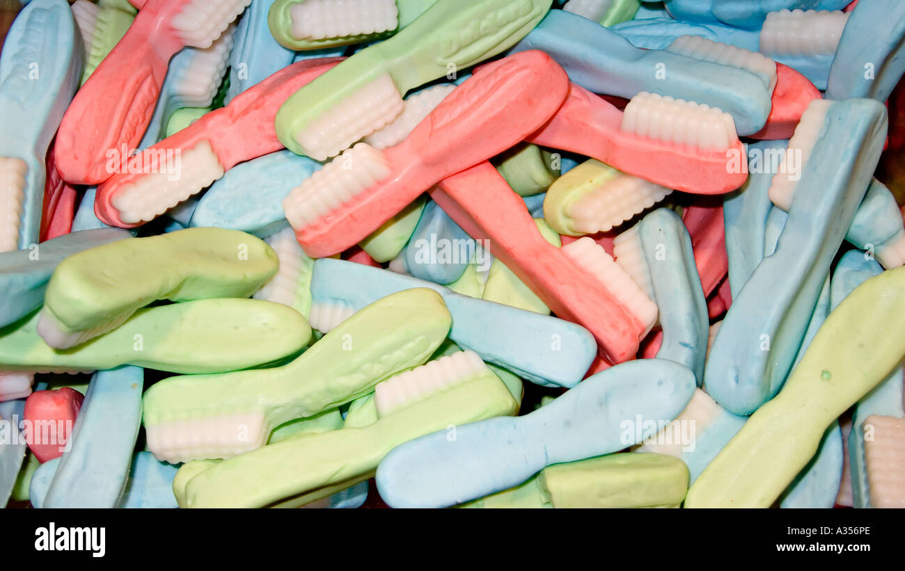 Detail of colourful candy shaped like toothbrushes for sale at Mercat ...