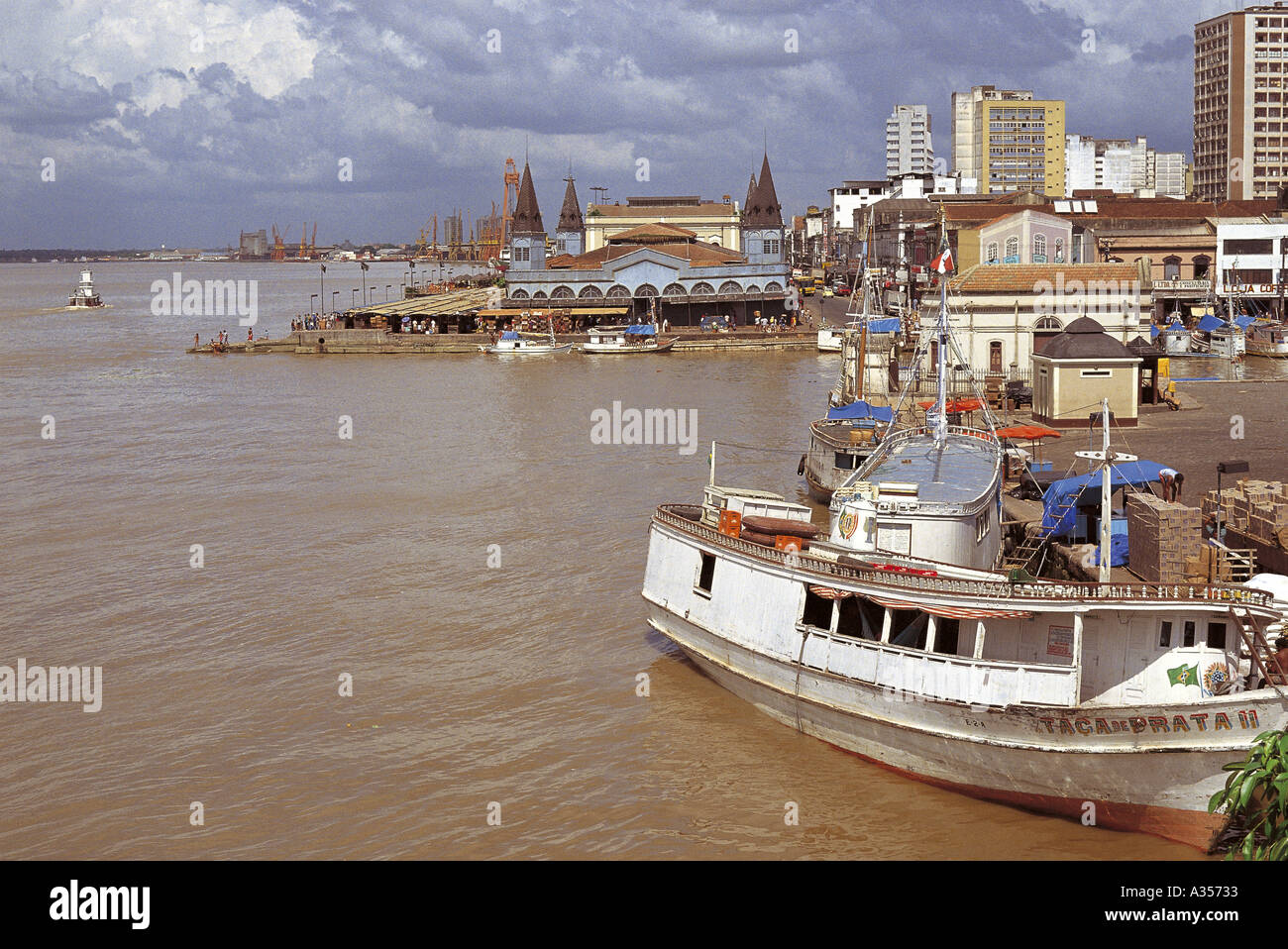 Belem Para State Brazil riverboats at the dock with the Ver O Peso ...