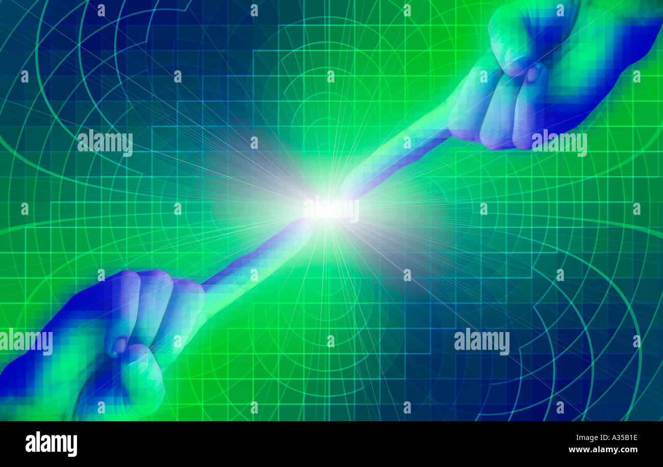 Touching Tech Hands Green Stock Photo - Alamy