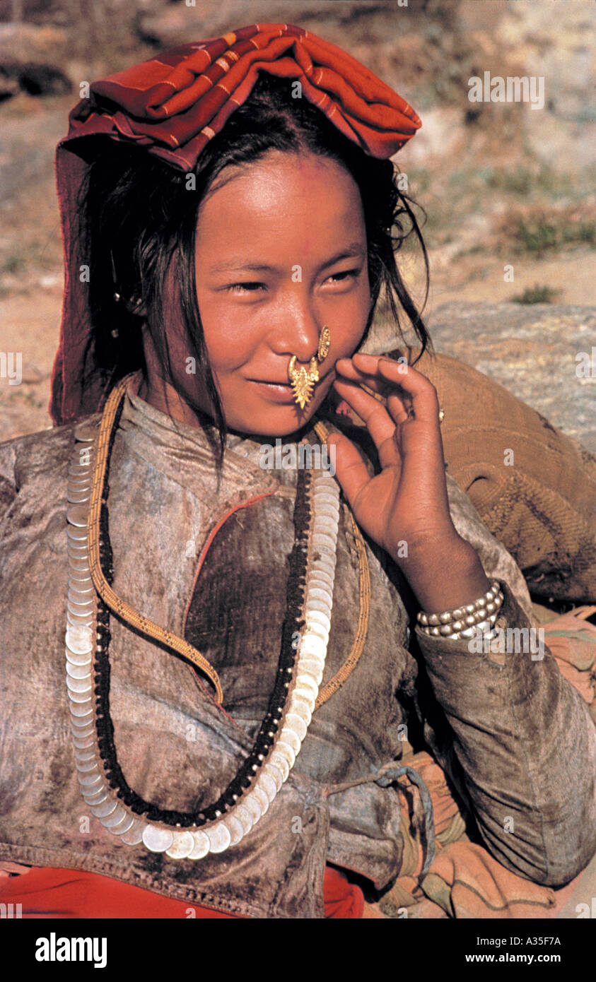 Woman with traditional dress necklace nosering Nepal Himalaya Asia ...