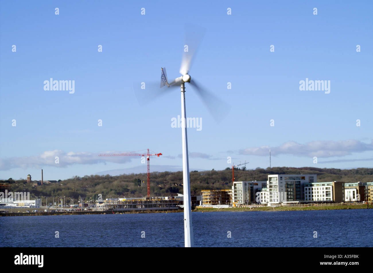 wind turbine cardiff barrage with cardiff bay behind south wales Stock ...