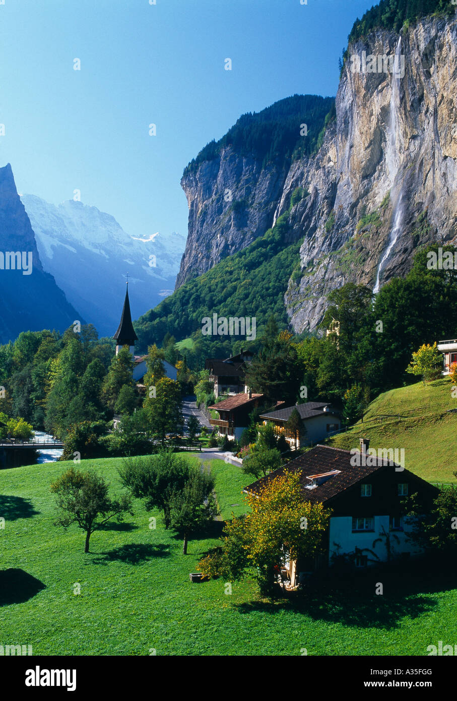 the Staubbach waterfall church Lauterbrunnen Bernese Oberland ...