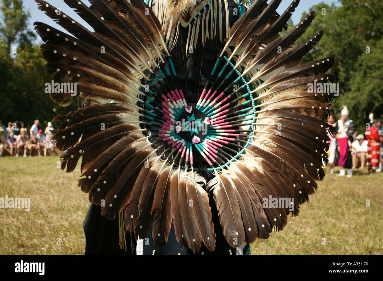 Close up of the feathers on the back of a Native American tribal dance ...