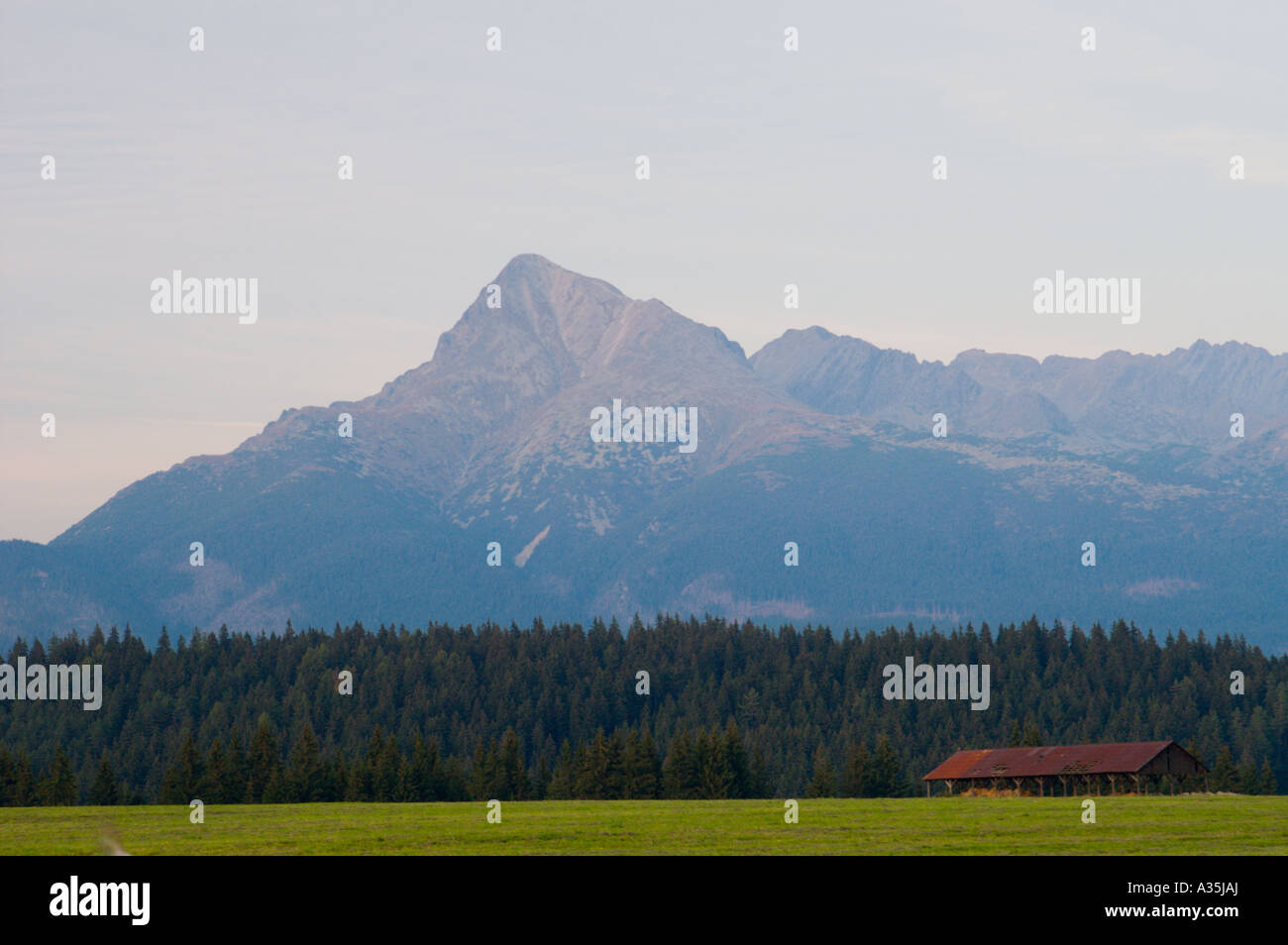 The mount Krivan isolated with a agricultural silo in the foreground ...