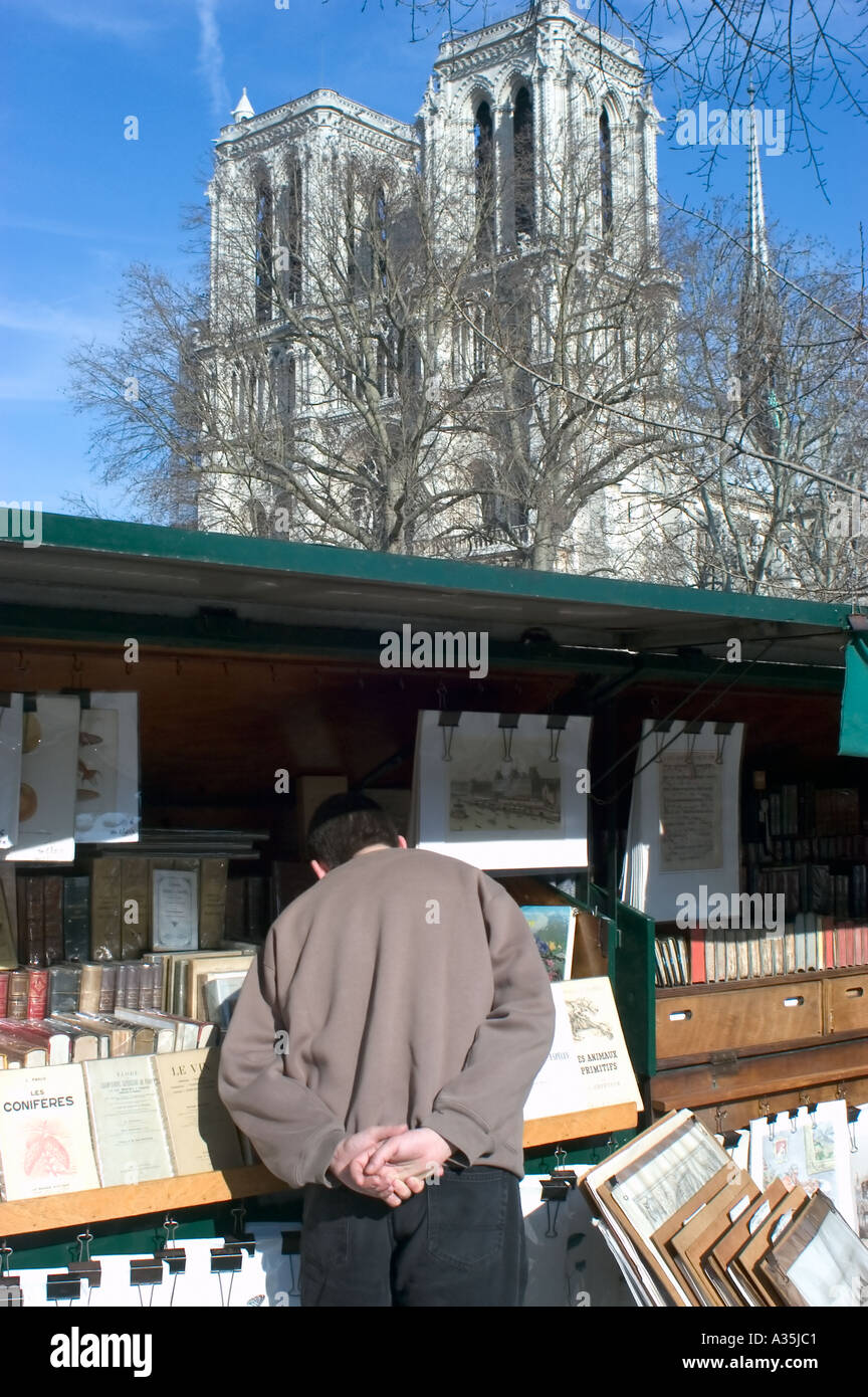 Paris France, Tourists, Man Shopping at Book Stalls, Along Seine River ...