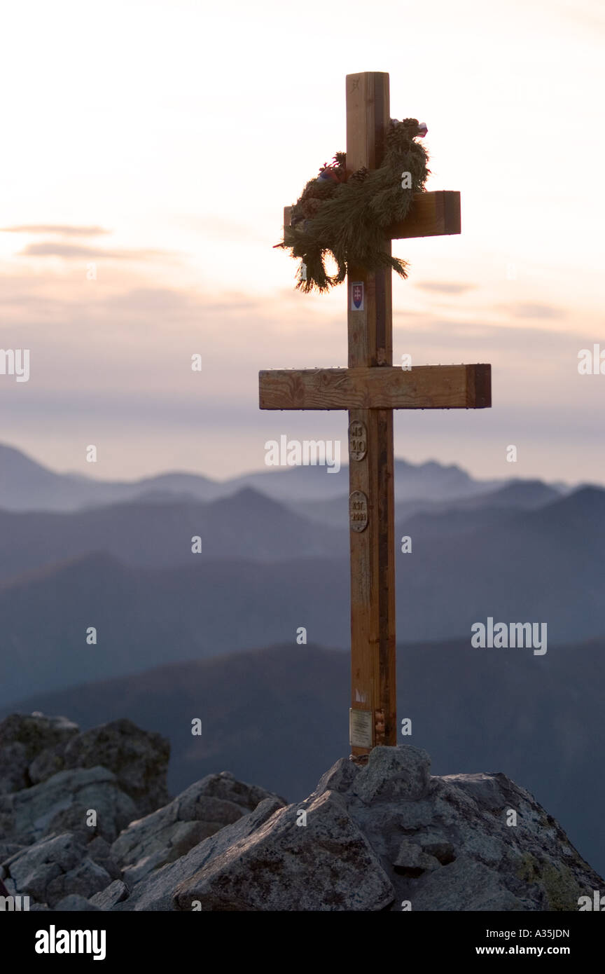 Wooden double cross on the summit of the mount Krivan Stock Photo - Alamy