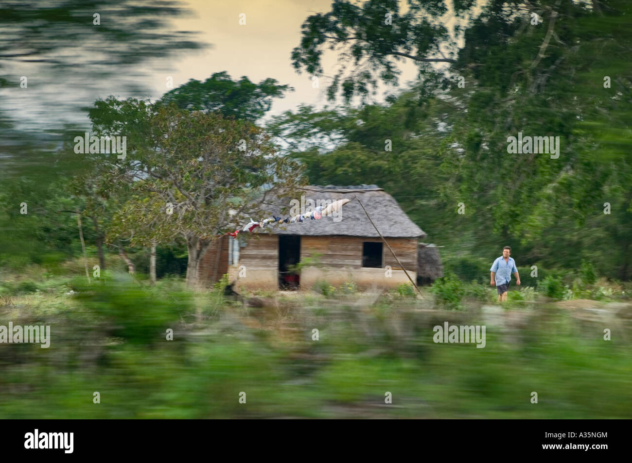 A man in front of a hut in strong wind (blurred Stock Photo - Alamy
