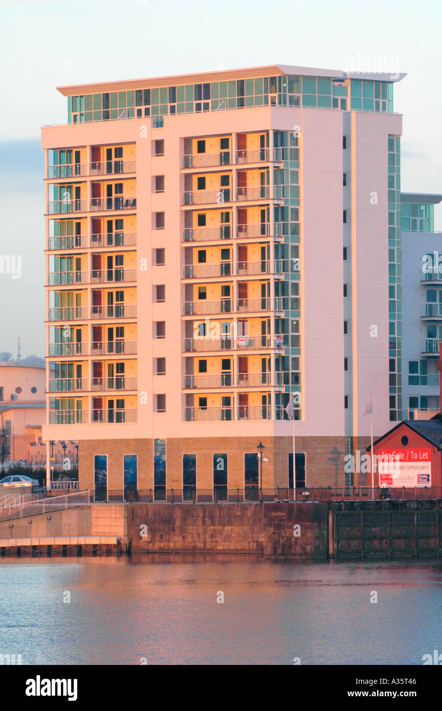 Modern waterfront apartment buildings overlooking Cardiff Bay South ...