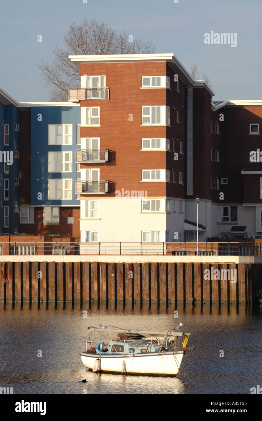 Modern apartment buildings overlooking Cardiff Bay waterfront in early ...