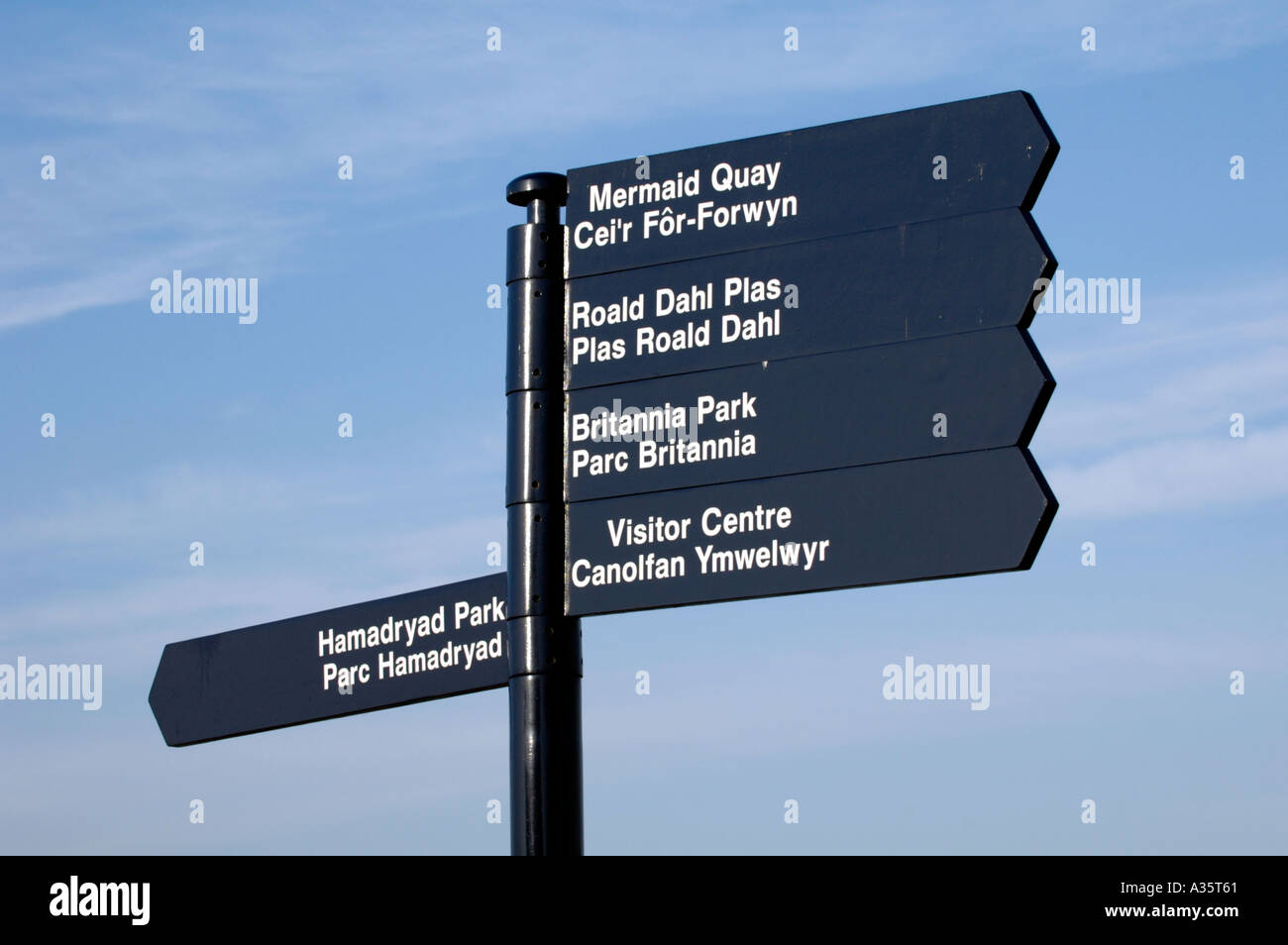 Bilingual Welsh English language tourist direction sign at Cardiff Bay ...