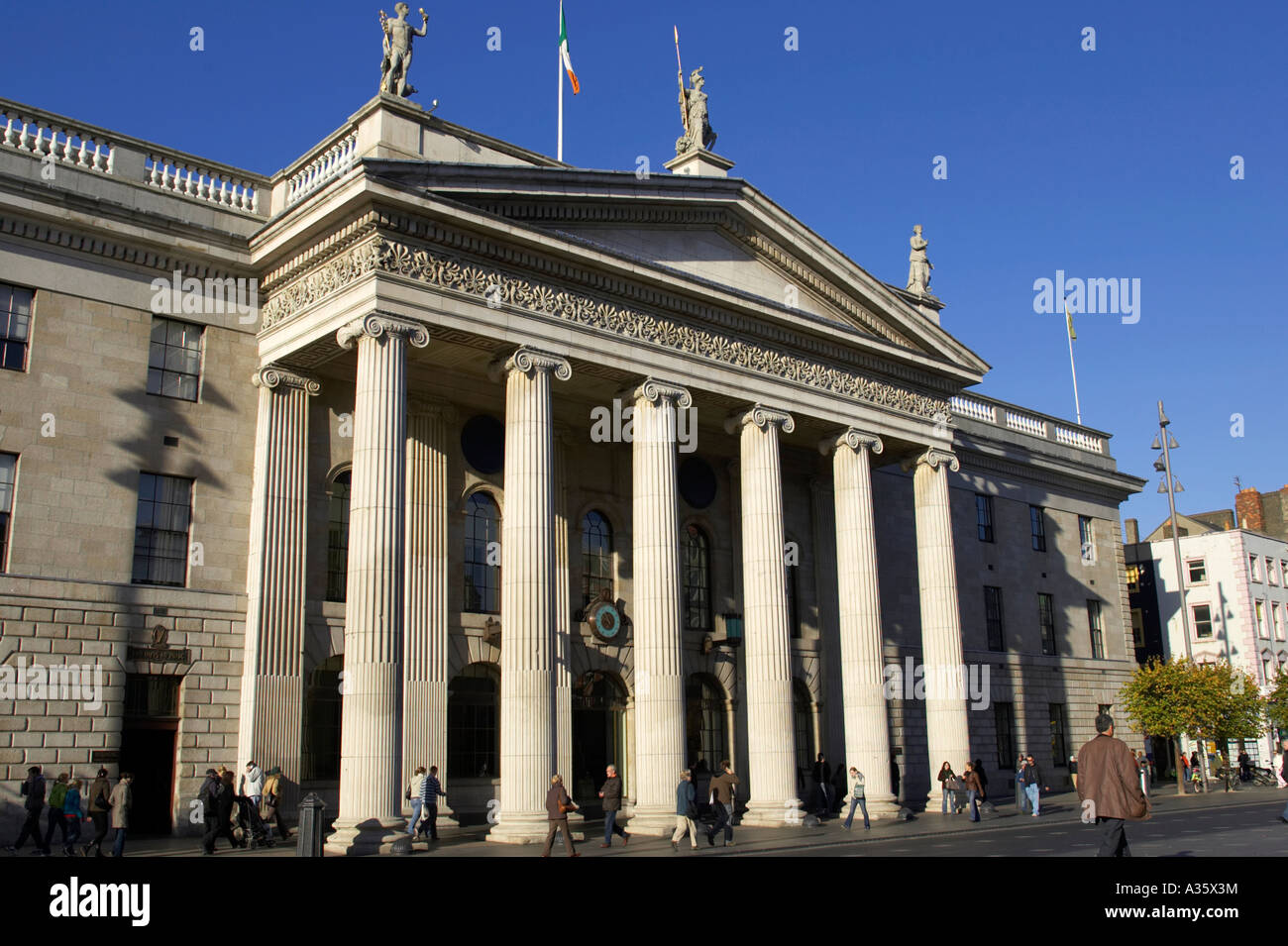 general post office GPO with irish national tricolour flag flying in o ...