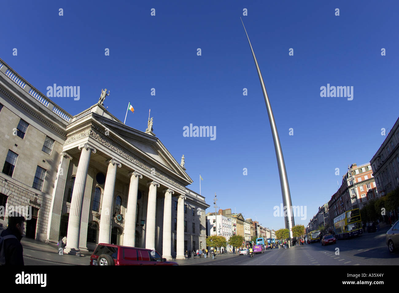 fisheye shot of the GPO and millennium needle spire of dublin monument ...