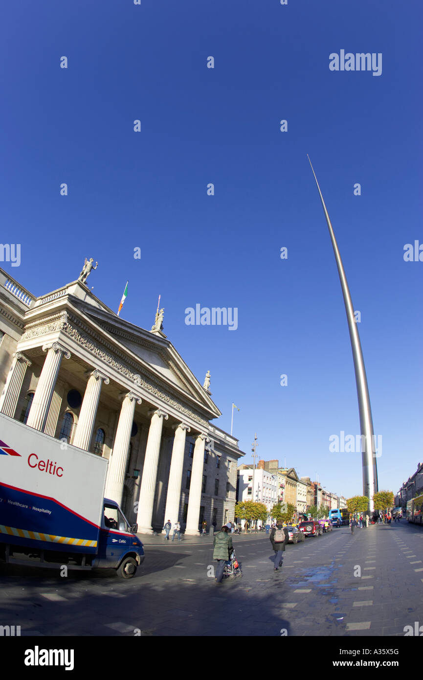 fisheye shot of the GPO and millennium needle spire of dublin monument ...