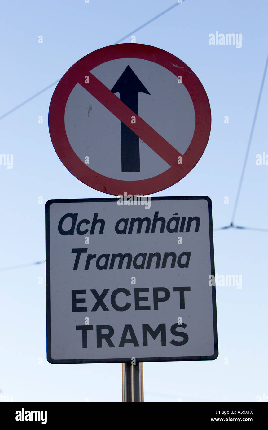 no entry except for trams bilingual sign in english and gaelic in ...