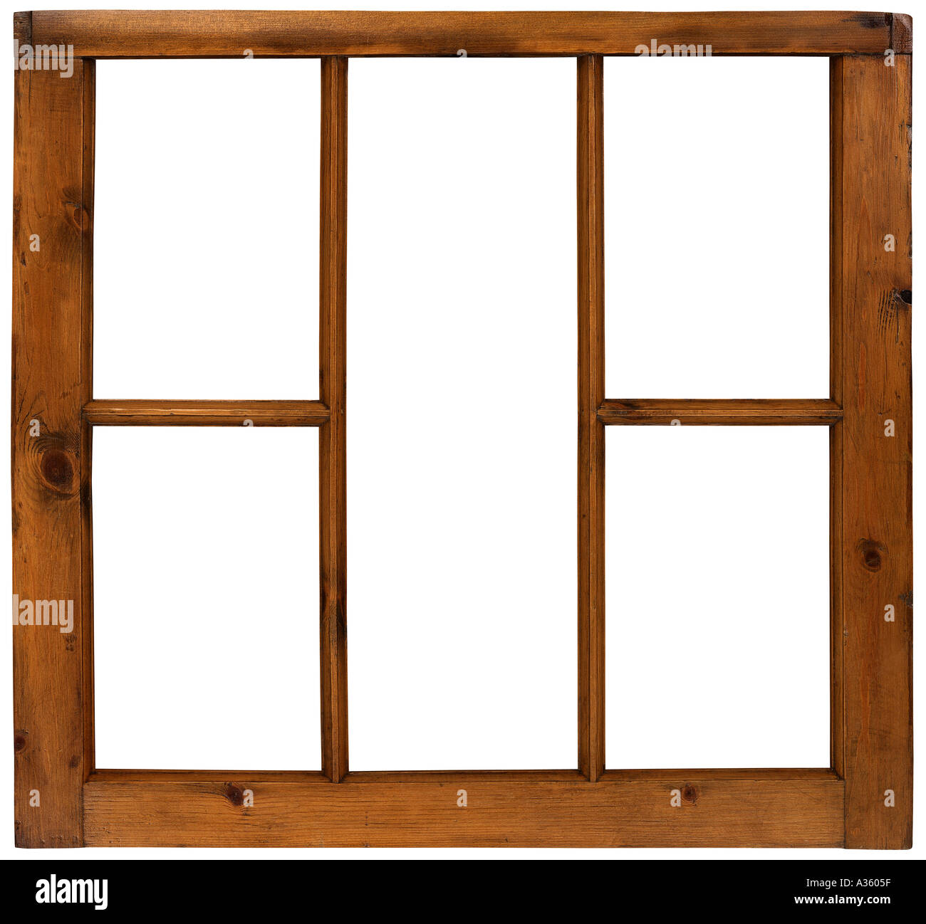 A horizontal rectangular aged old fashioned wooden window frame divided ...