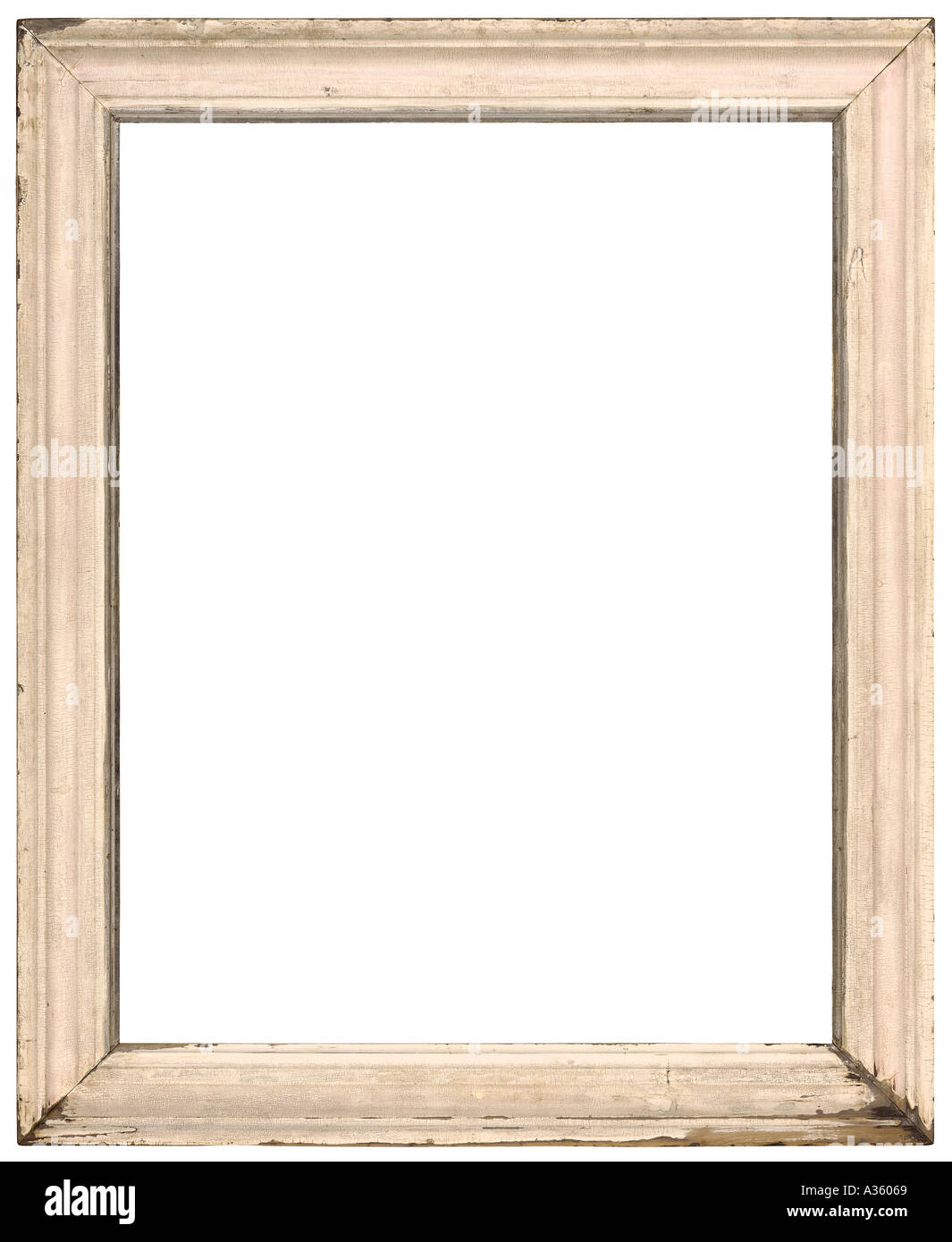 A vertical rectangular aged wooden frame with a white finish that is ...