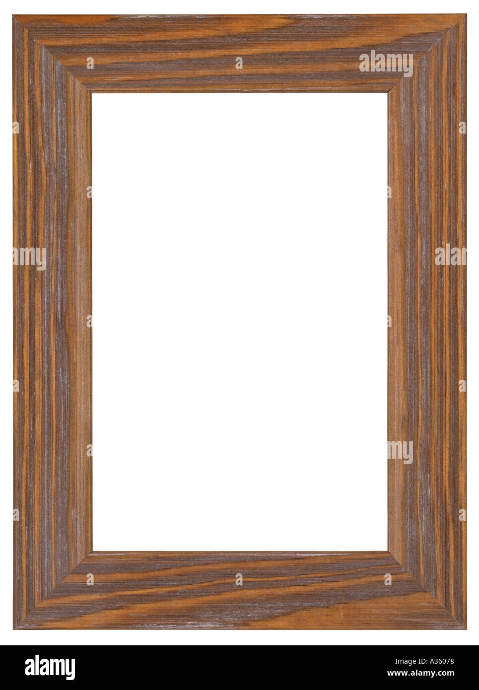 A vertical rectangular gray and brown wooden frame with prominent grain ...